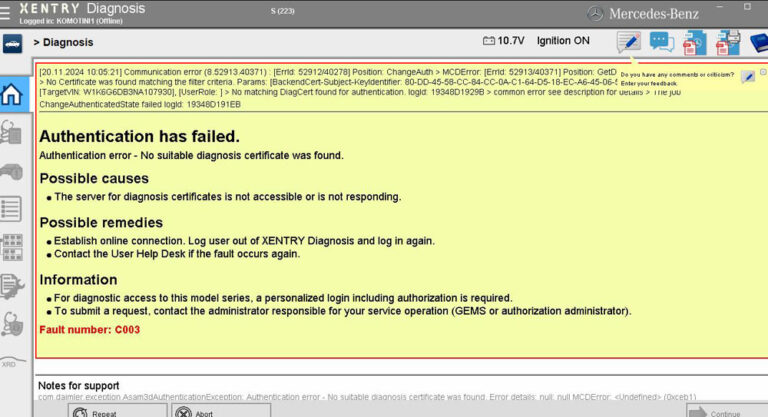 Vxdiag Benz Xentry 2024 03 “authentication Has Failed” Solution